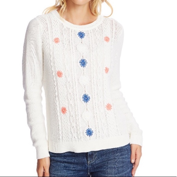 CeCe | Sweaters | Nwt Cece Floral Cable Knit Floral Sweater Small ...